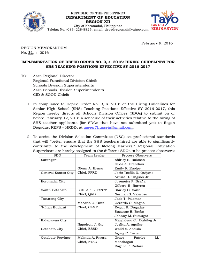 Fillable Online Region XIIDepartment of Education - DepEd Fax Email ...