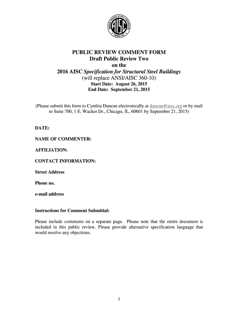 Fillable Online media aisc PUBLIC REVIEW COMMENT FORM Fax Email Print ...