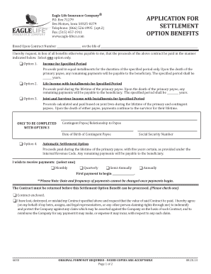 Fillable Online APPLICATION FOr SETTLEMENT OPTION BENEFITS - Eagle Life ...