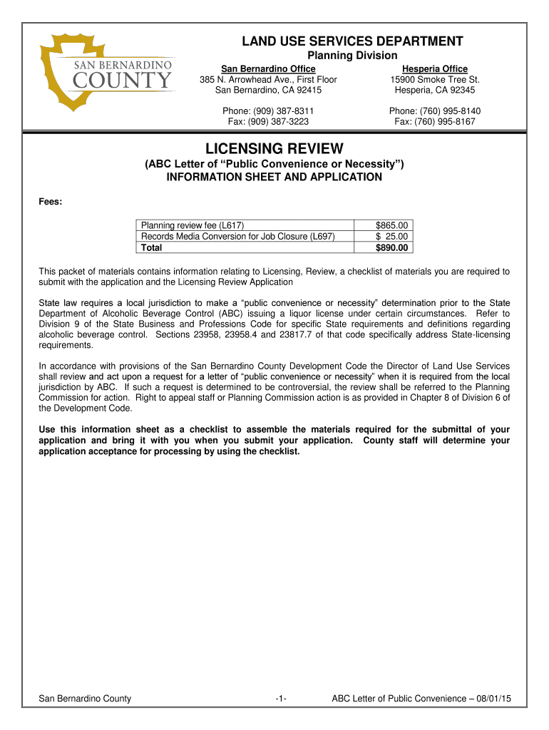 Fillable Online sbcounty (ABC Letter of Public Convenience or Necessity ...