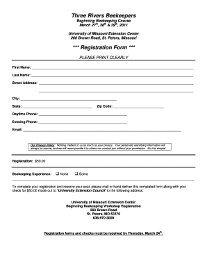 Fillable Online Registration Form - Three Rivers Beekeepers Fax Email ...