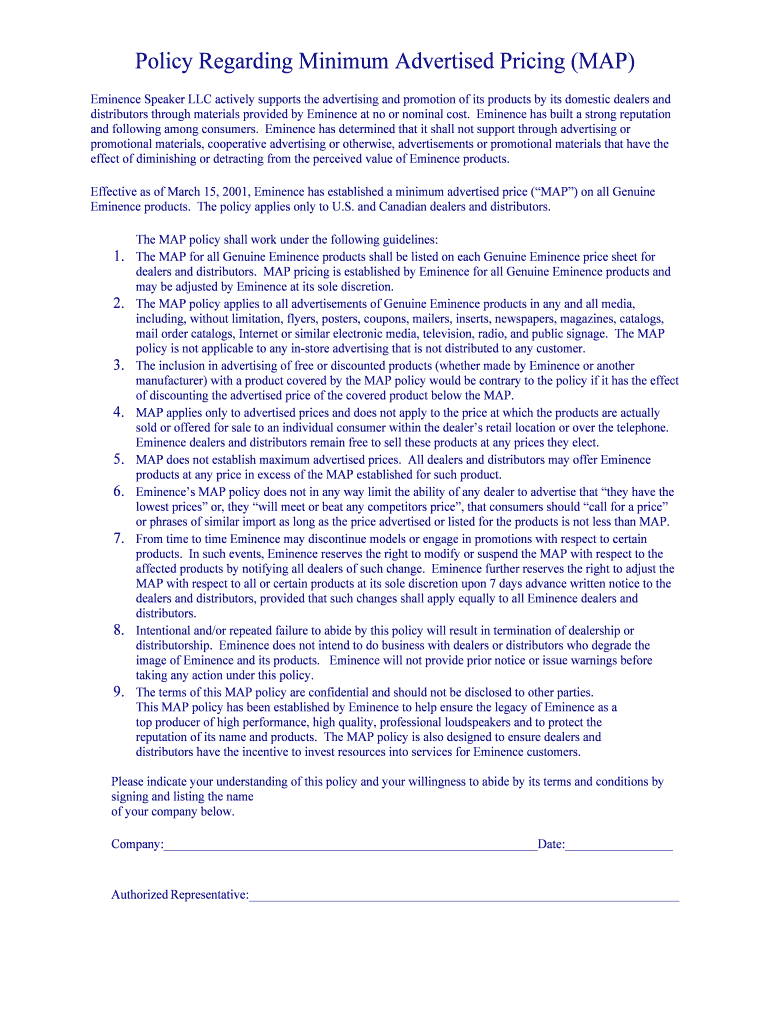 Fillable Online Policy Regarding Minimum Advertised Pricing (MAP ...