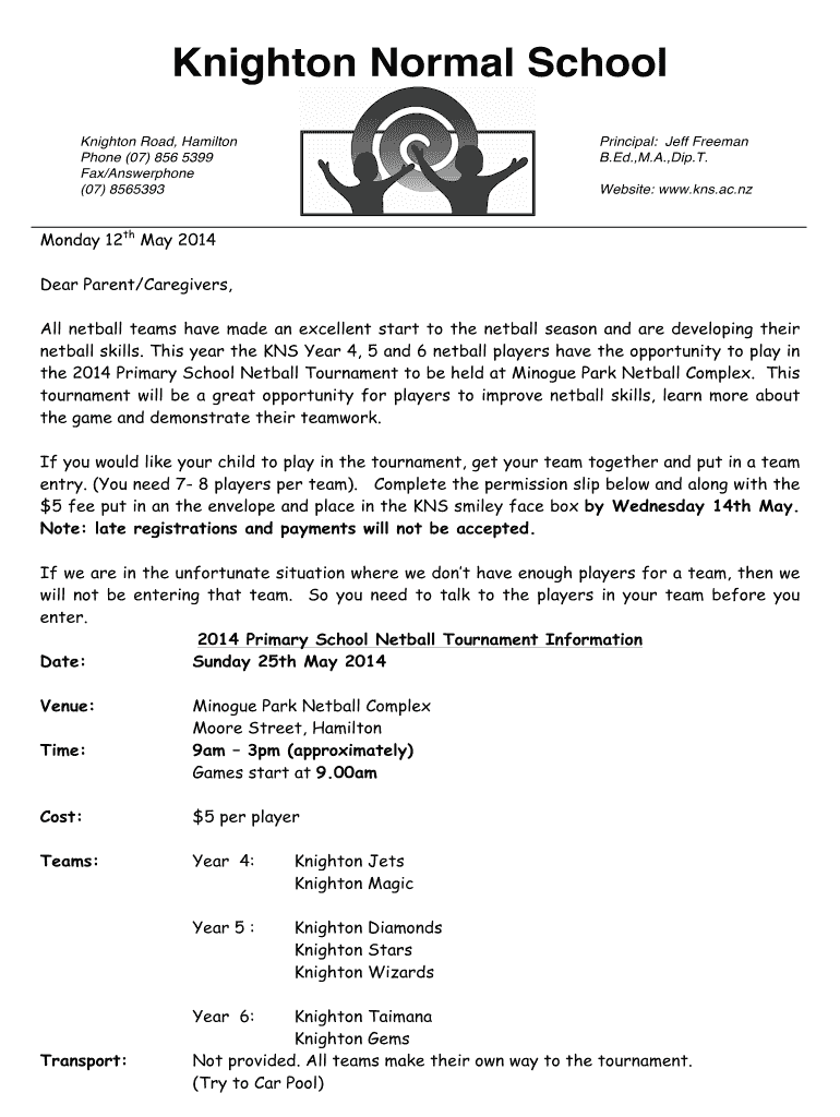 Fillable Online kns ac Netball Tournament - Knighton Normal School ...