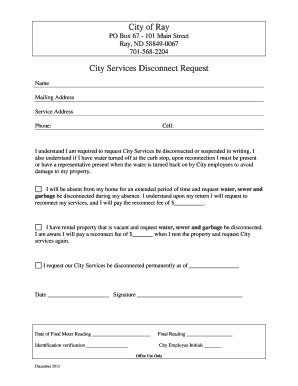 Fillable Online Water Sewer Disconnect Services Form - Ray Fax Email ...