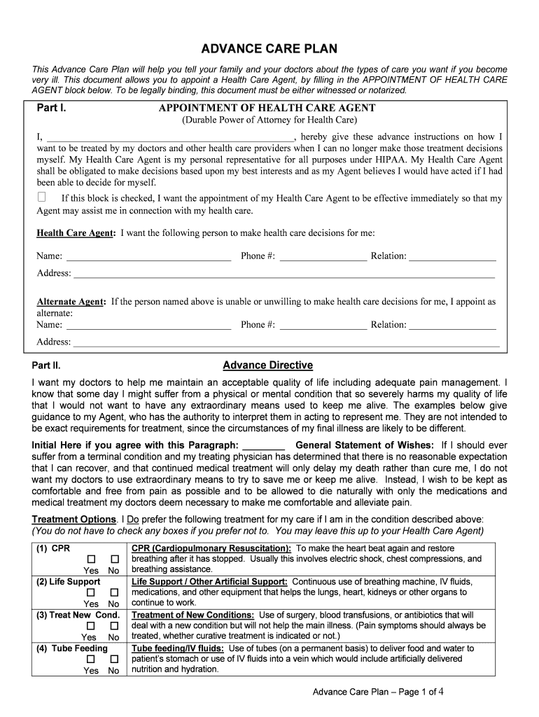 Fillable Online Advance Care Plan wks rev 5-13-05currentdoc Fax Email ...