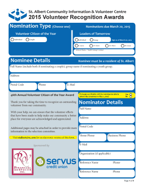 Fillable Online 2015 Volunteer Recognition Awards Nominator Details ...