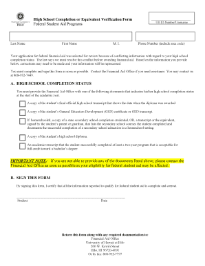 Fillable Online hilo hawaii High bSchoolb Completion or Equivalent Verification Form Federal bb ...