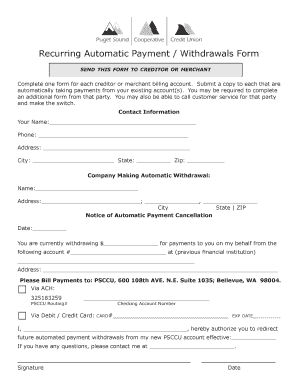 Fillable Online psccu Recurring Automatic Payment Withdrawals Form Fax ...