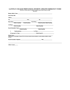 Fillable Online gatewaycps schoolfusion GATEWAY COLLEGE PREP SCHOOL STUDENT ATHLETE EMERGENCY ...