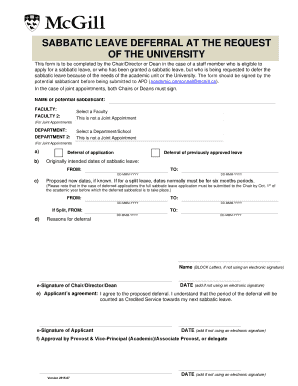 Fillable Online mcgill SABBATIC LEAVE DEFERRAL AT THE REQUEST Fax Email Print - pdfFiller