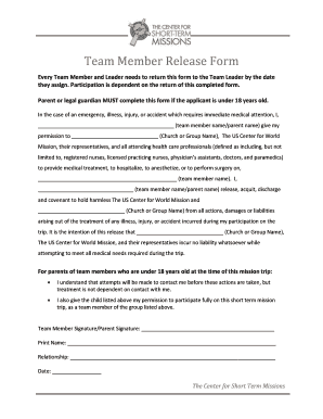 Fillable Online shorttermtrips Team Member Release Form - CSTM ...