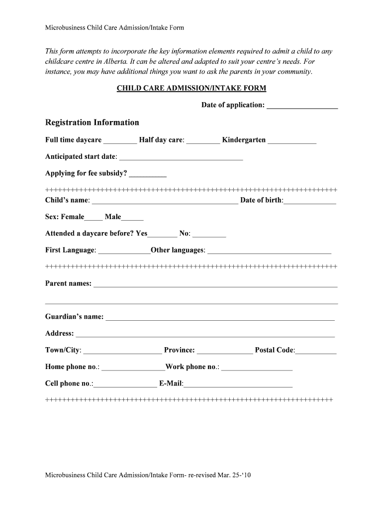 Fillable Online Microbusiness CHILD CARE ADMISSION-INTAKE FORM-re ...