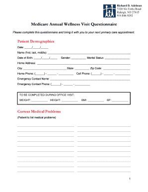 Fillable Online Medicare Annual Wellness Visit Questionnaire Patient ...