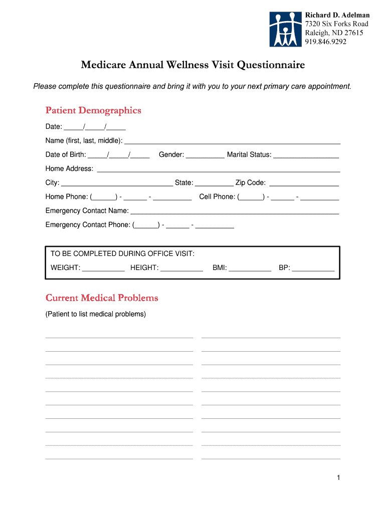 Fillable Online Medicare Annual Wellness Visit Questionnaire Patient ...