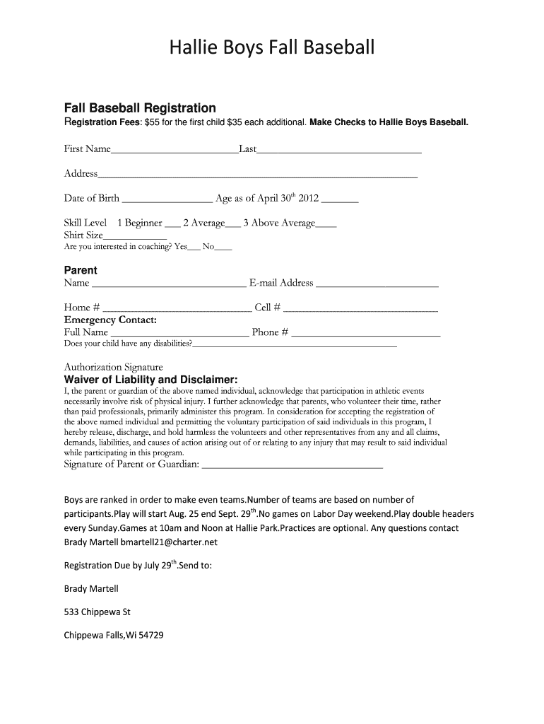 Fillable Online Hallie Boys Fall Baseball - Hallie Park Fax Email Print ...