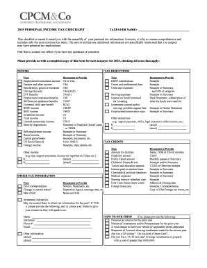Fillable Online cpcm 2015 PERSONAL INCOME TAX CHECKLIST TAXPAYER NAME ...