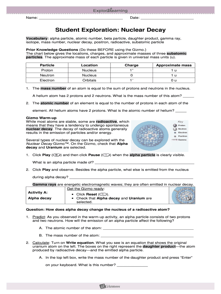 Fillable Online Student Exploration Nuclear Decay - bmrohrlingb Fax ...