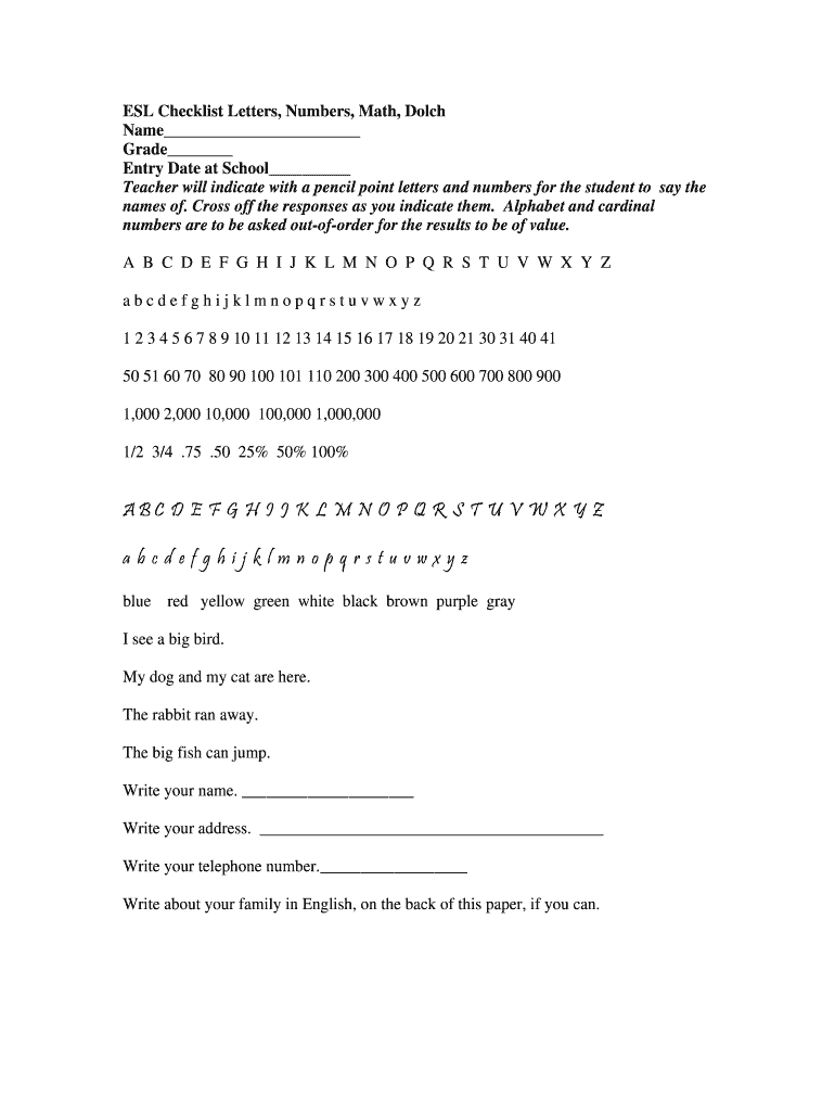 Fillable Online esl cmswiki wikispaces ESL Checklist Letters Numbers ...