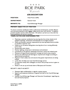 Fillable Online Hotel Porter (GSR) March 2015 JOB DESCRIPTION POSITION ...