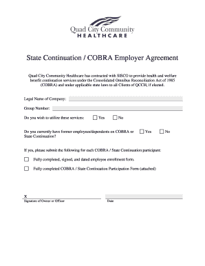 Fillable Online State Continuation / COBRA Employer Agreement - Quad ...