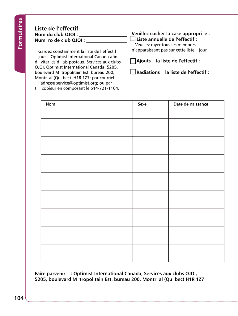 Remplissable En Ligne optimiste Section Formulaires Liste de leffectif ...