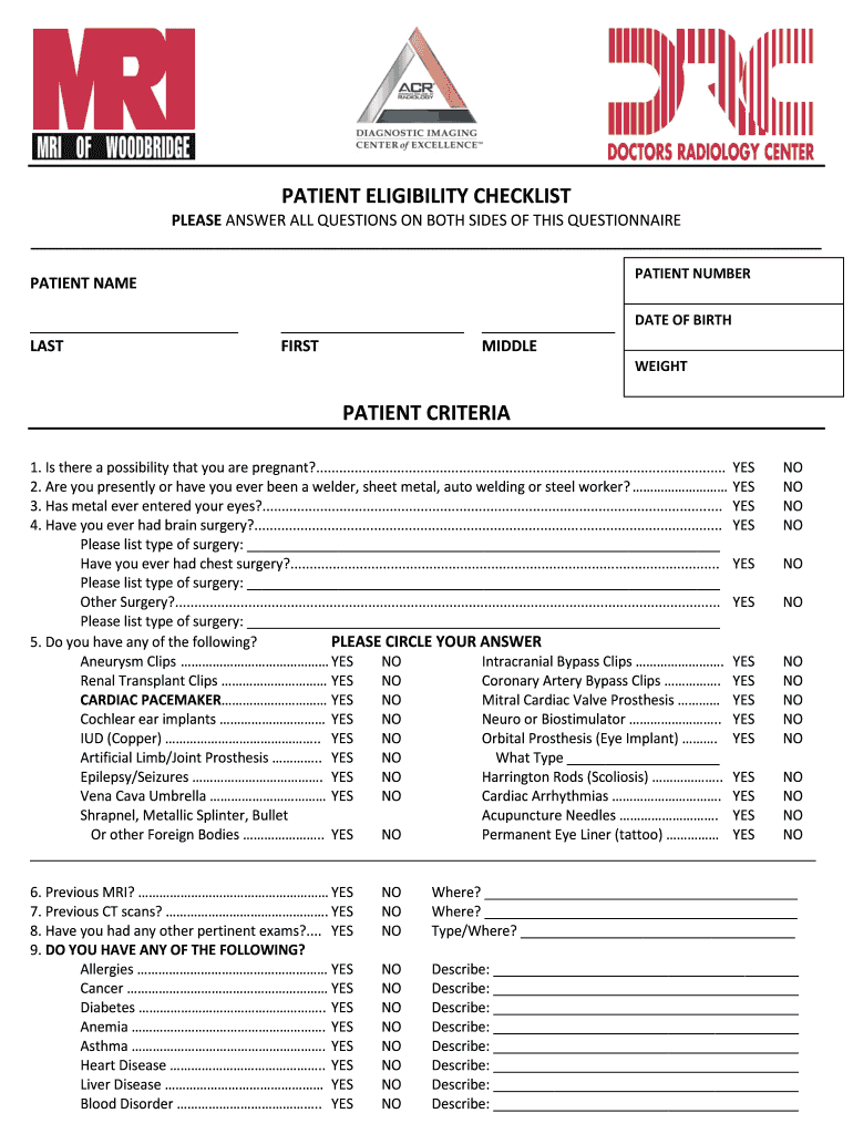 Fillable Online PATIENT ELIGIBILITY CHECKLIST PATIENT CRITERIA Fax ...