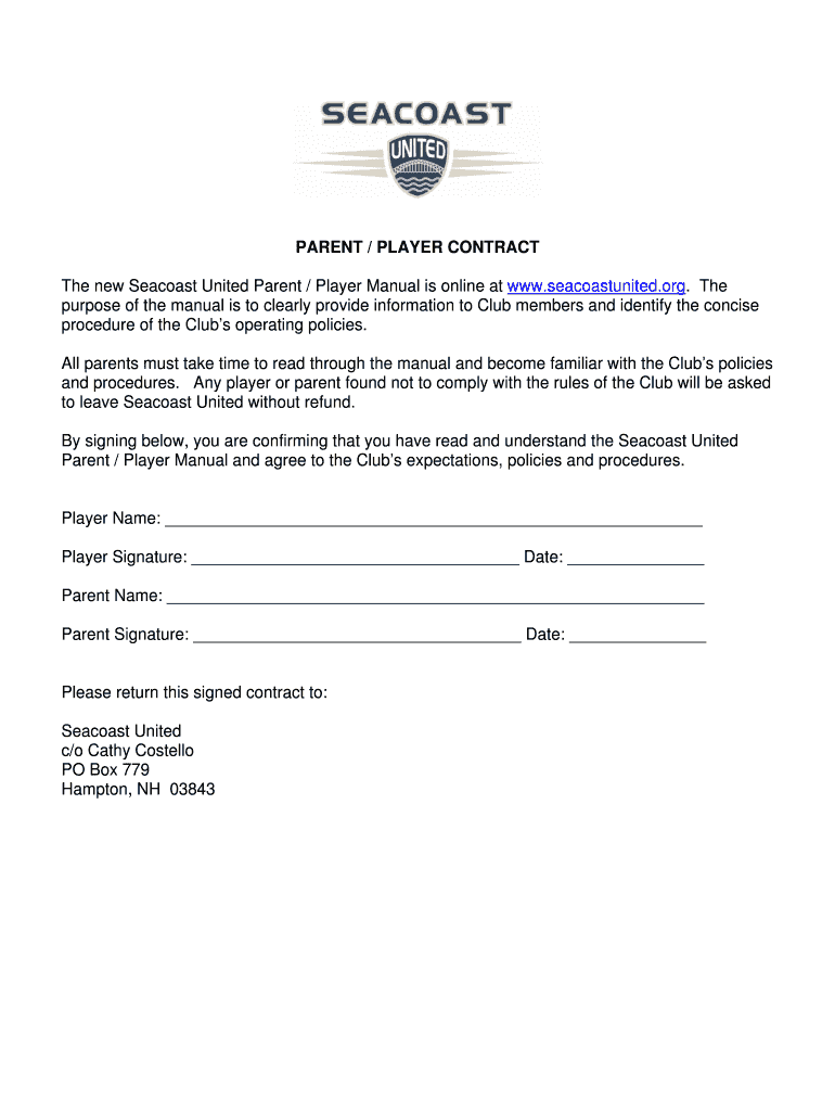 Fillable Online PARENT / PLAYER CONTRACT The new Seacoast United Parent ...
