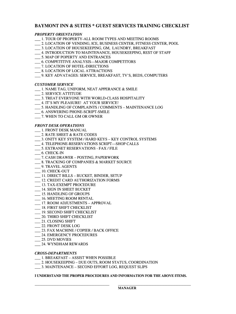 Fillable Online GUEST SERVICES TRAINING CHECKLIST - Cardinal ...