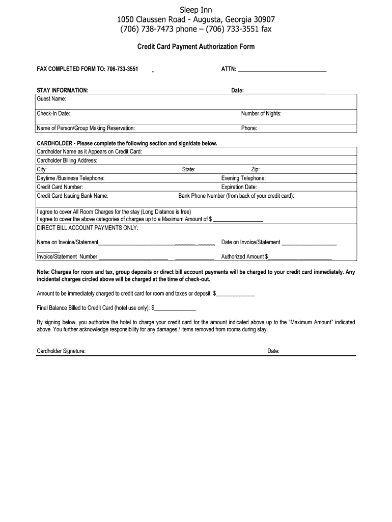 Fillable Online Sleep Inn 1050 Claussen Road - Augusta Georgia 30907 ...