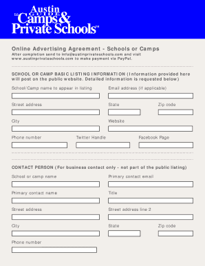 Fillable Online School or Camp Advertising Agreement Form - Austin's ...
