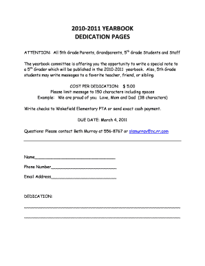 Fillable Online wespta 2010-2011 yearbook dedication pages - Wakefield ...