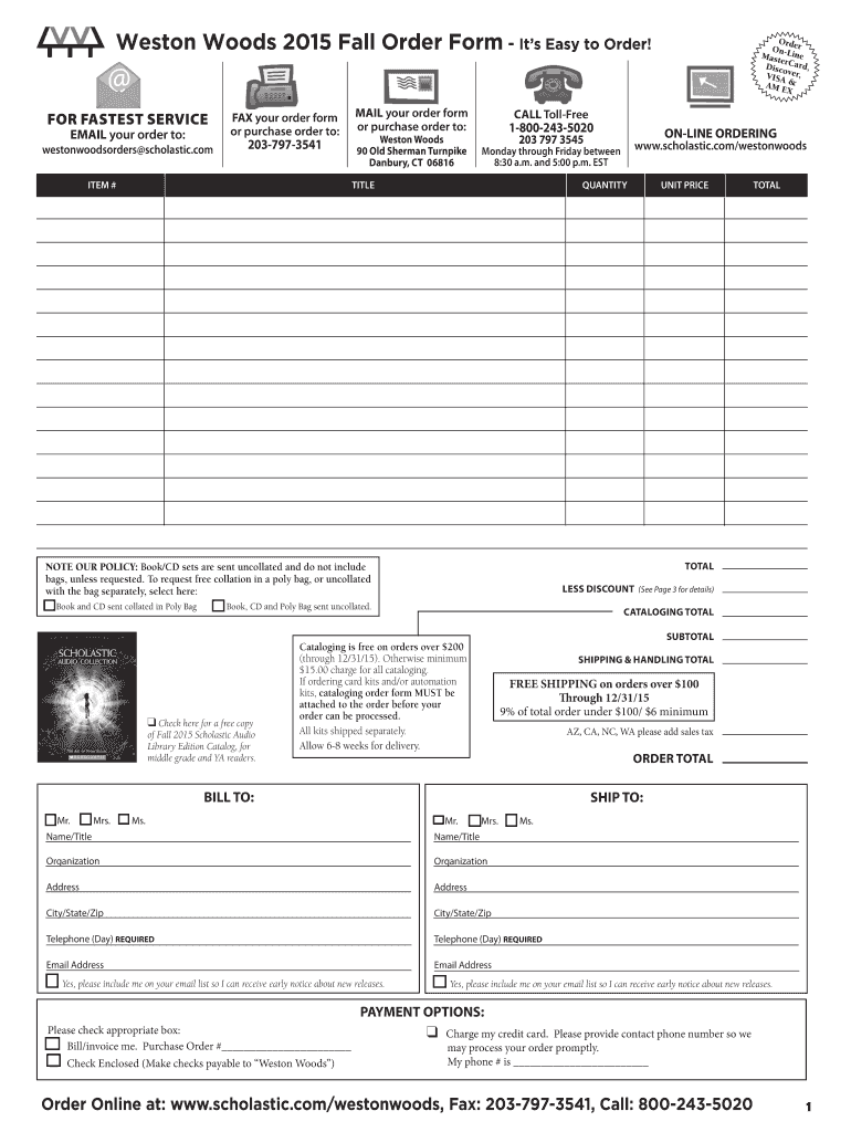 Fillable Online Weston Woods 2015 Fall Order Form Its Easy to Order der ...