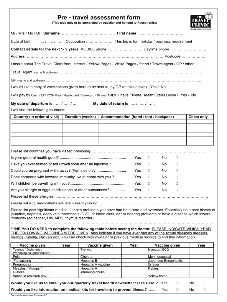 Fillable Online yourhealth net Pre - travel assessment form - Your ...