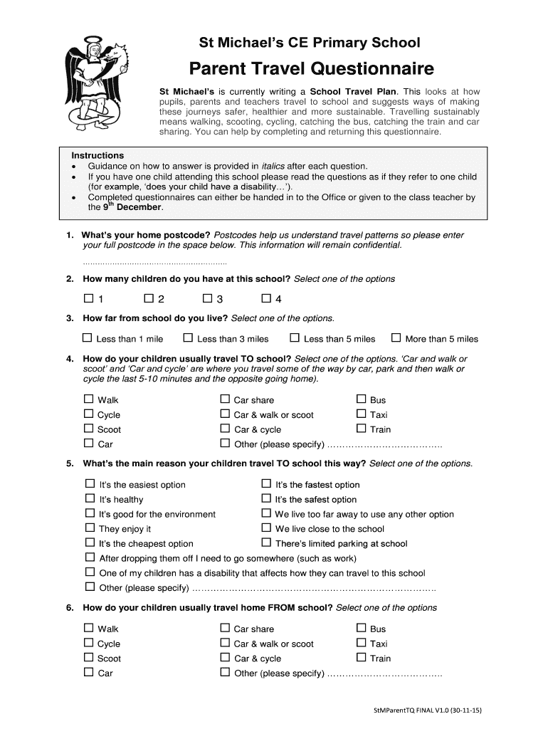 Fillable Online Parent Travel Questionnaire - St Michaels Primary ...