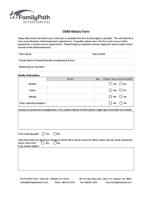 Fillable Online Child History Form - FamilyPath Autism Services LLC Fax ...