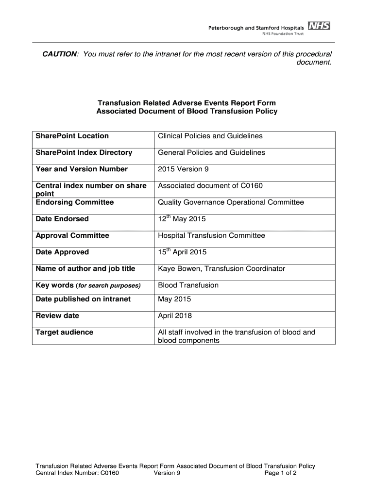 Fillable Online Transfusion Related Adverse Events Report Form Ass Doc 2 Fax Email Print - pdfFiller