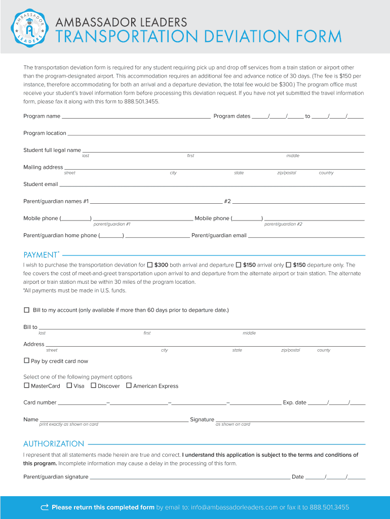 Fillable Online Transportation deviation form - Squarespace Fax Email ...