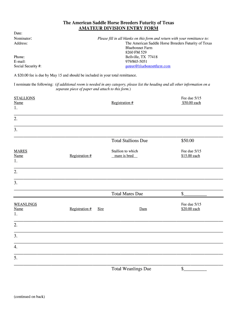 Fillable Online Amateur Futurity Entry Blank1 - Texas Saddlebreds Fax ...