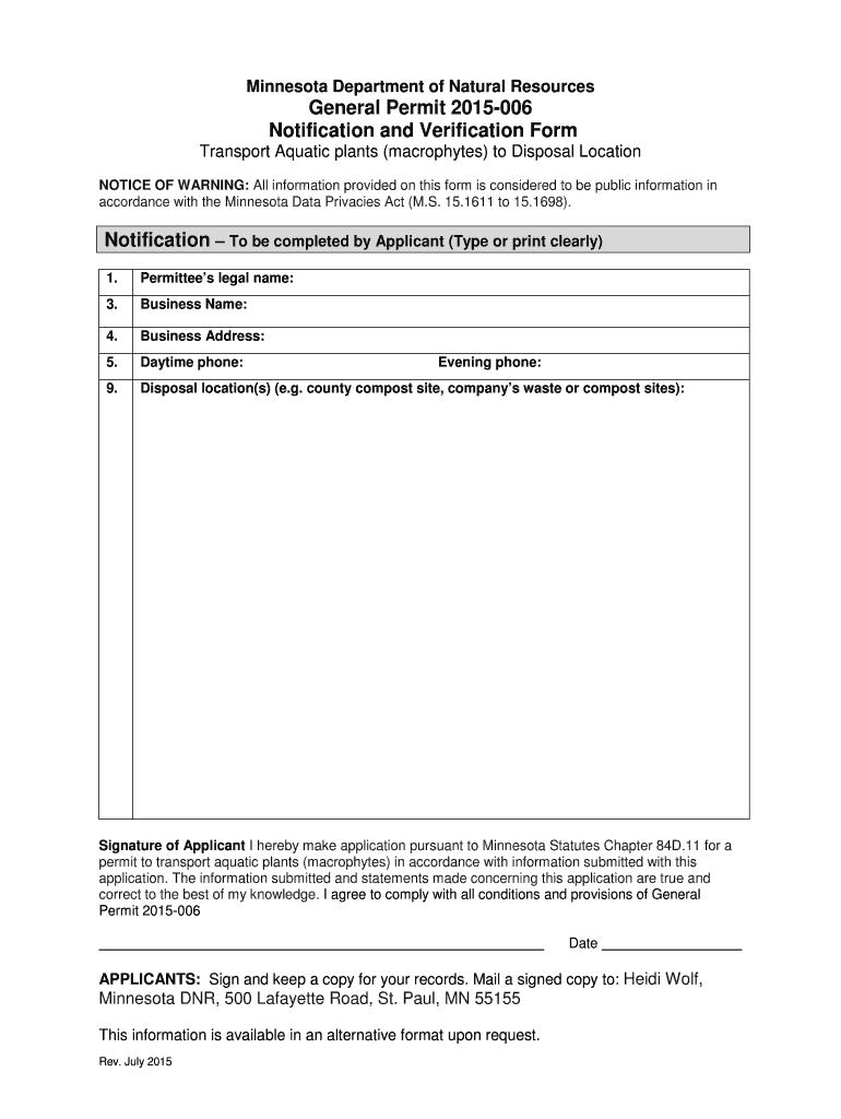 Fillable Online files dnr state mn Authorization Form for Aquatic Plant ...