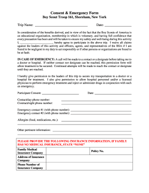 Fillable Online t161shoreham Consent Emergency Form Boy Scout Troop 161 ...