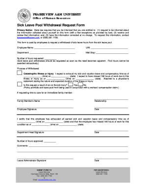 Fillable Online pvamu Sick Leave Pool bWithdrawal Requestb Form ...