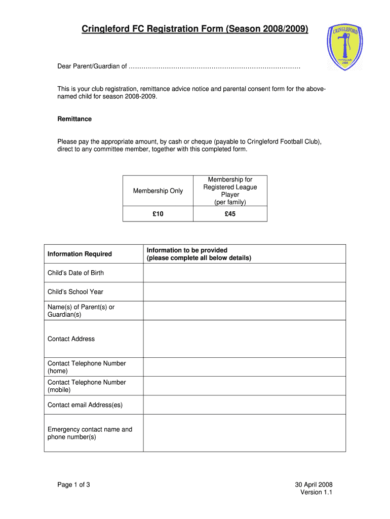 Fillable Online BCringlefordb FC Registration Form Season 20082009 Fax Email Print - pdfFiller