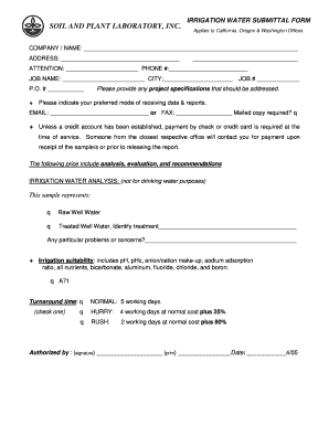 Fillable Online IRRIGATION WATER SUBMITTAL FORM SOIL AND PLANT ...