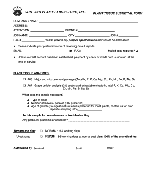 Fillable Online Plant Tissue Submital Form - Soil and Plant Laboratory Fax Email Print - pdfFiller