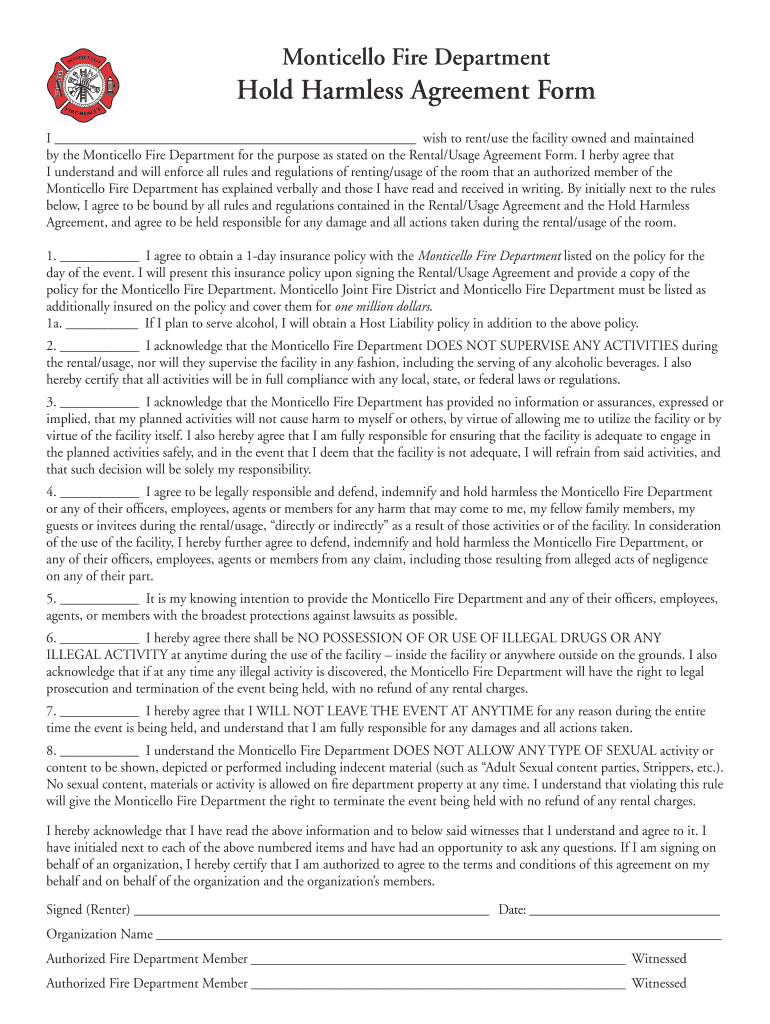 Fillable Online Hold Harmless Agreement Form - Monticello Fire ...