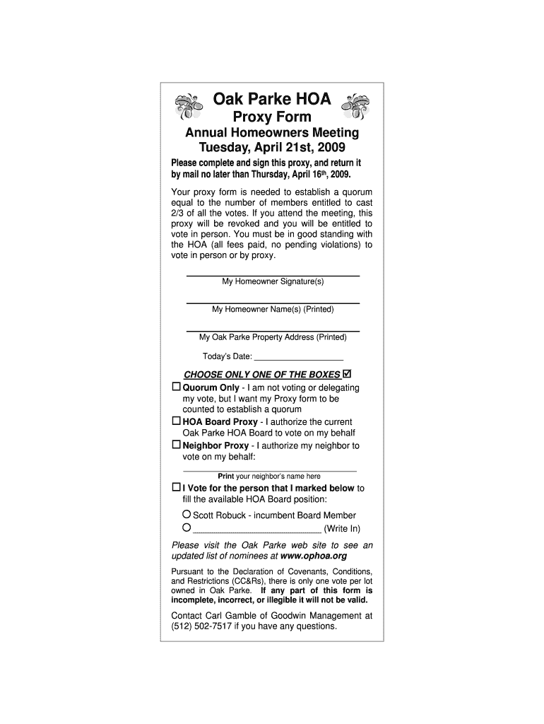 Fillable Online ophoa 2009 Proxy Card.pub - Oak Parke HOA - ophoa Fax ...