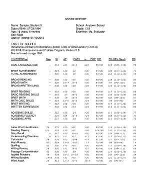 Fillable Online SCORE REPORT Name Sample Student X School Anytown Fax ...