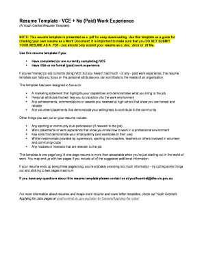 Fillable Online Resume Template - VCE + No (Paid) Work Experience Fax Email Print - pdfFiller