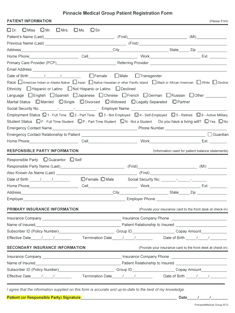 Fillable Online Pinnacle Medical Group- Patient Registration Forms ...