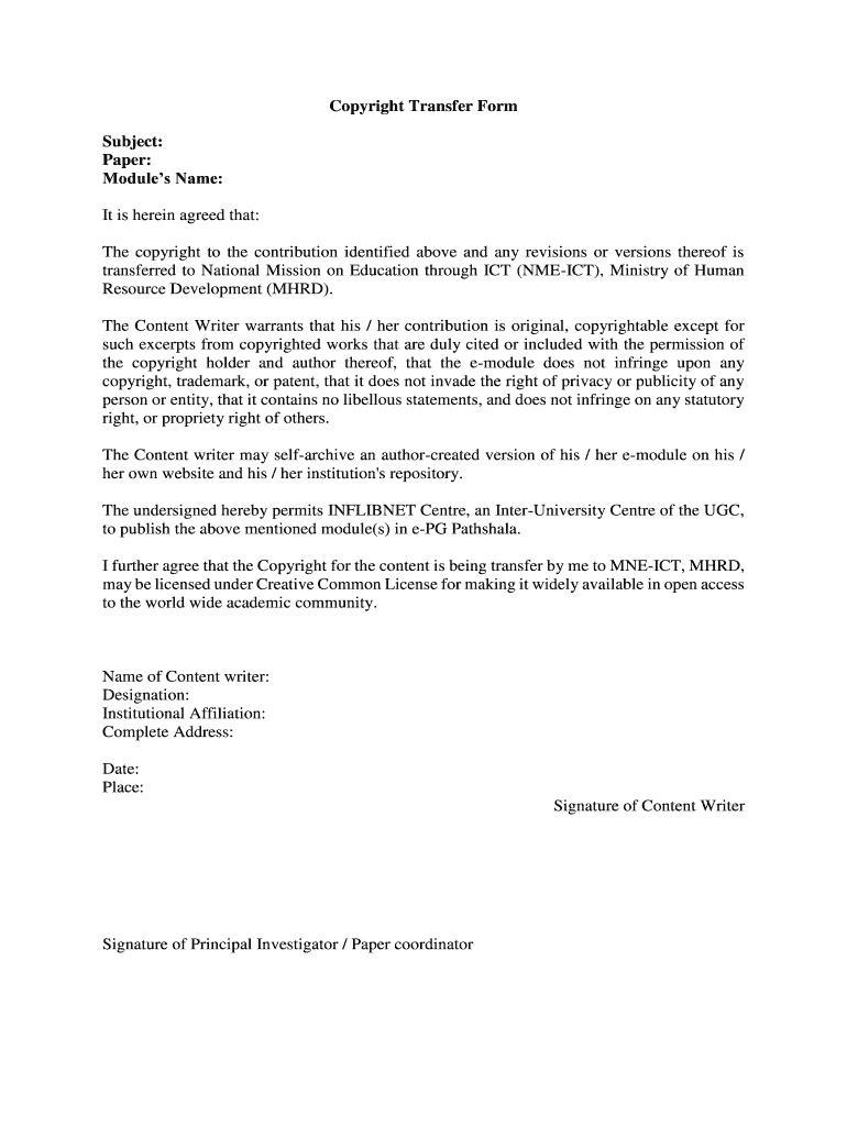 Fillable Online epgp inflibnet ac Copyright Transfer Form Subject Paper - epgp inflibnet ac Fax ...